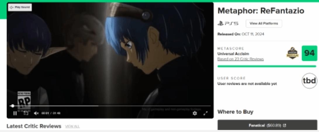 【情報】《暗喻幻想：ReFantazio》評分解禁 目前M站均分94 (GS 10, IGN 9) @Xbox / Xbox Series X 哈啦板 - 巴哈姆特